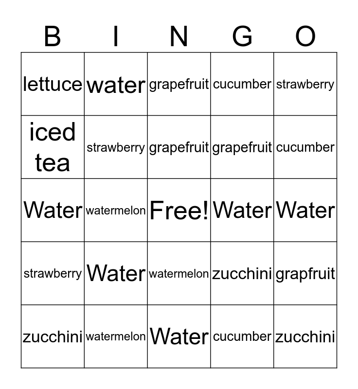 Hydration Bingo Bingo Card