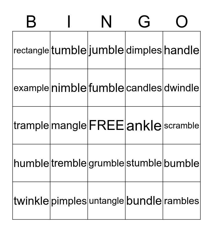 L3-8 Consonant-le Endings Bingo Card