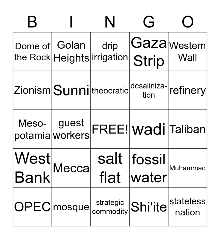SW Asia Bingo Card