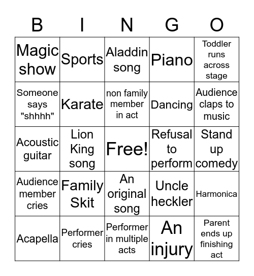 2019 Nordstrom Talent Show Bingo Card