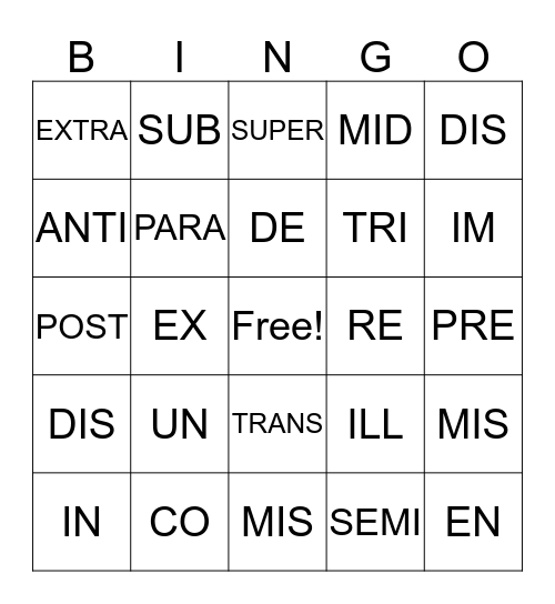 Prefixes Bingo Card