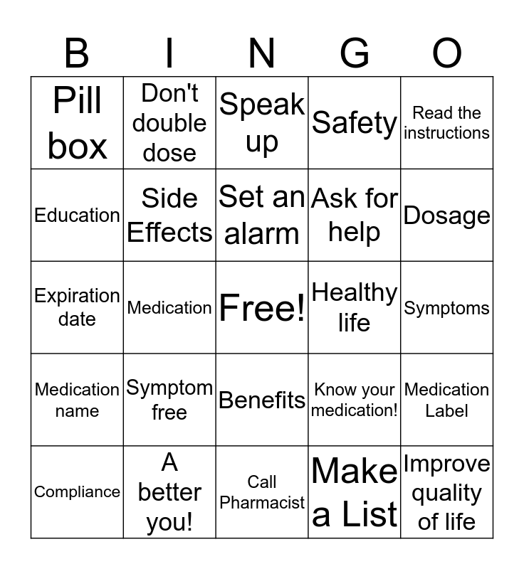 Medication Compliance Bingo Card