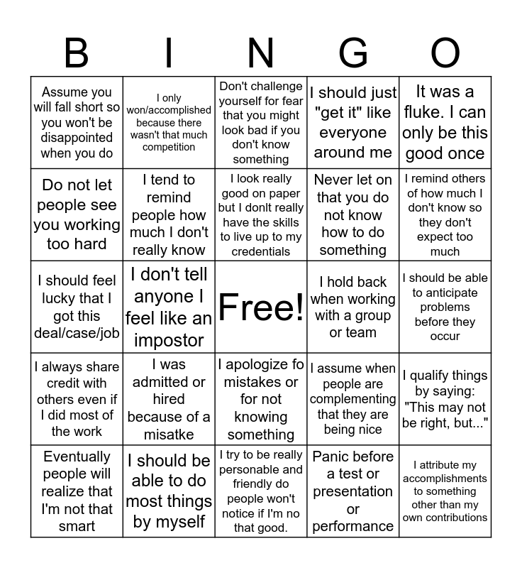 Impostor Syndrome Bingo Card