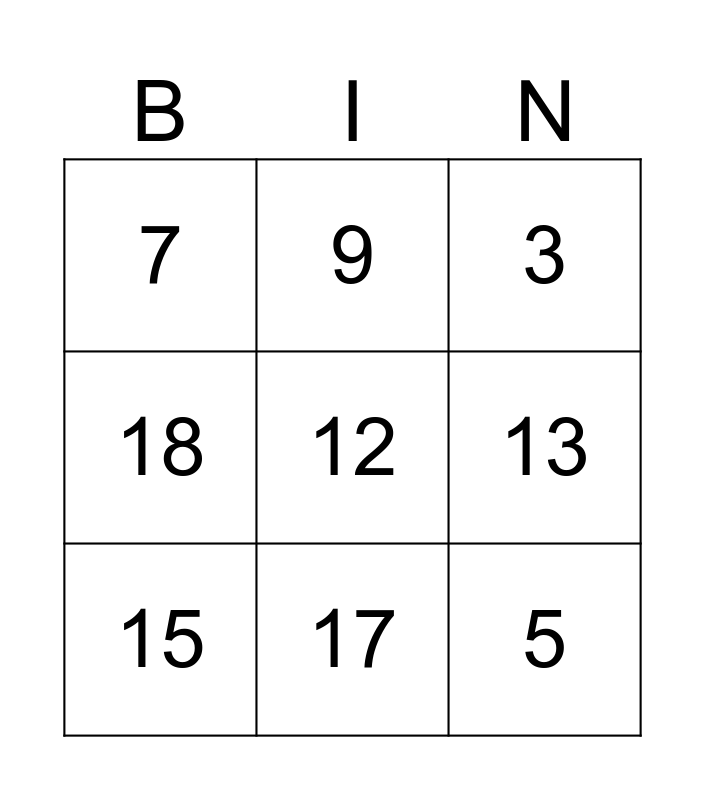 K-1 Numbers Bingo Card
