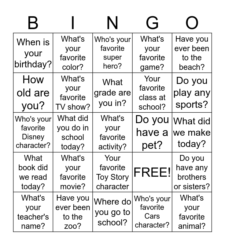 Silly Talk Bingo Card