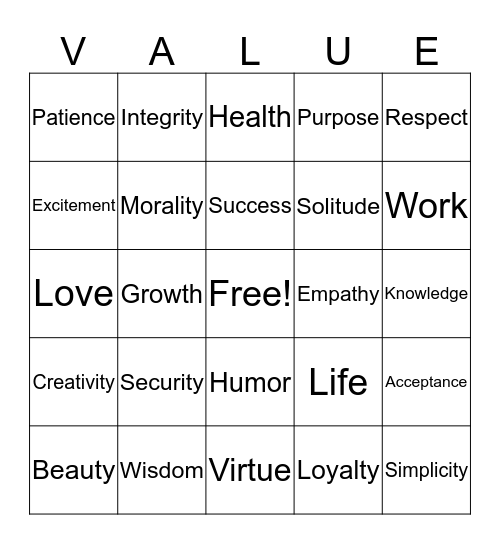 Values Bingo! Bingo Card