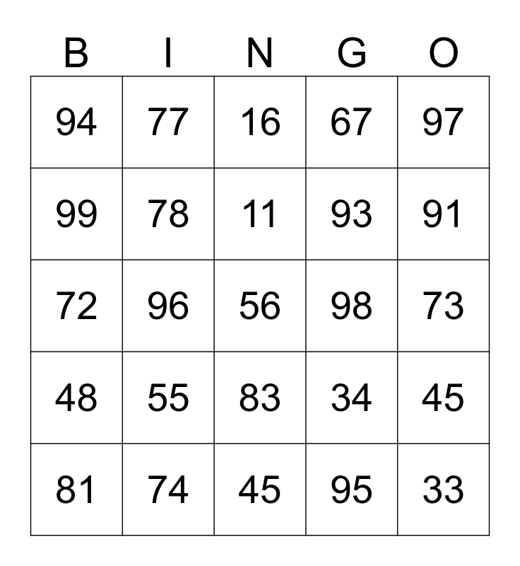 Whole Numbers Bingo Card