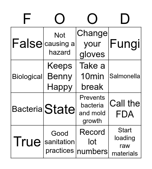 Food Safety Bingo Card