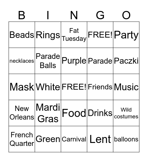 Mardi Gras BINGO Card