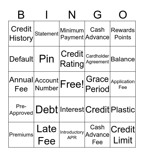 Credit Card Lingo Bingo Card