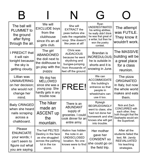 Context Clues Bingo Card