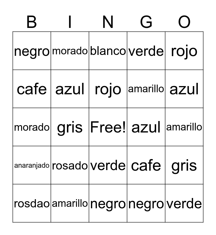 Los Colores Bingo Card