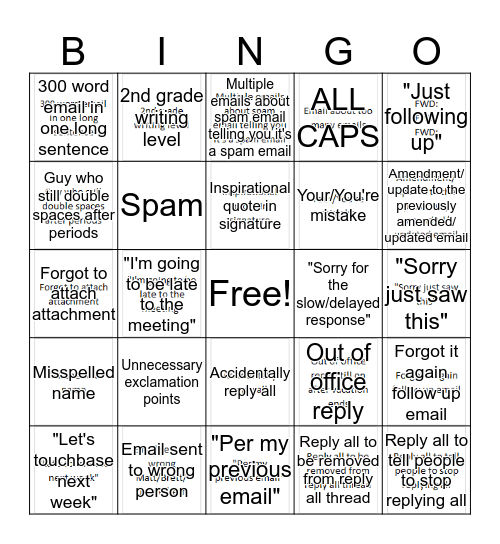 Work email Bingo Card