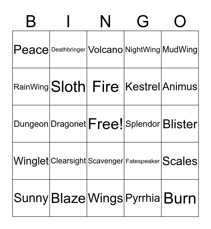 Wings of Fire Bingo Card