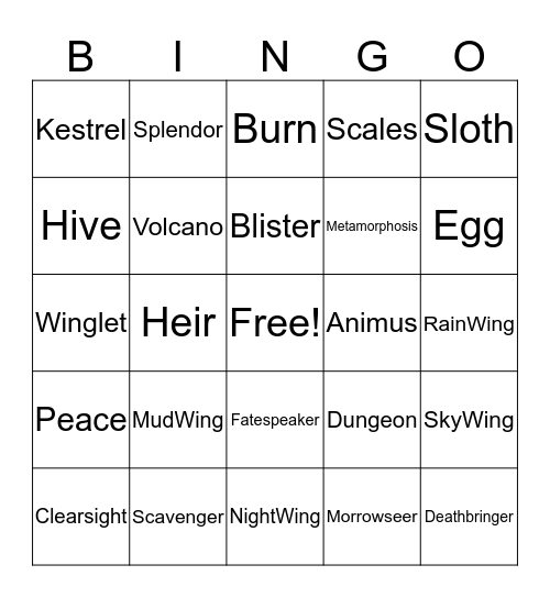 Wings of Fire Bingo Card