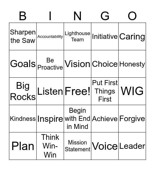 Leader In Me Bingo Card