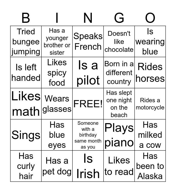 Get Acquainted Bingo Card