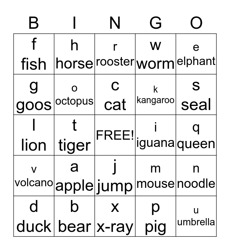 Kindergarten Alphabet Bingo Card