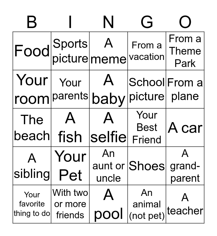 Cell Phone Picture Bingo Card