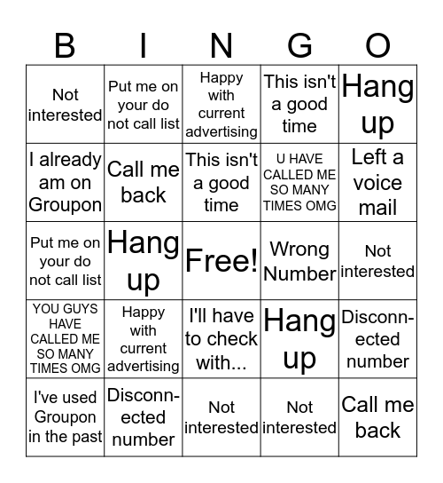 Cold Calling Bingo Card