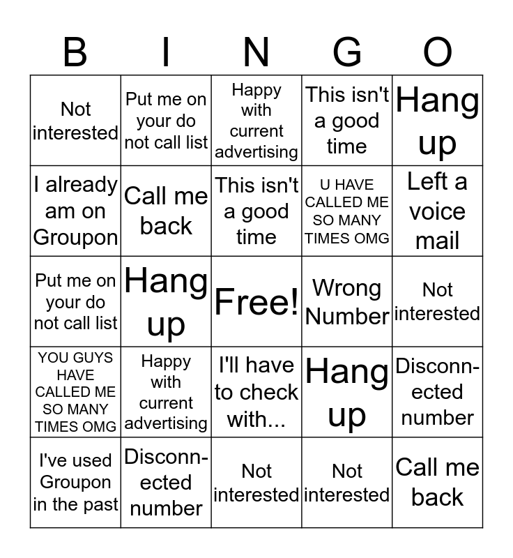 Cold Calling Bingo Card