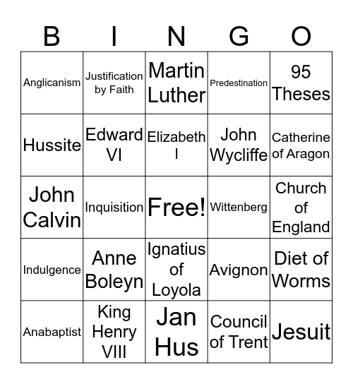 Reformation Vocab Bingo Bingo Card