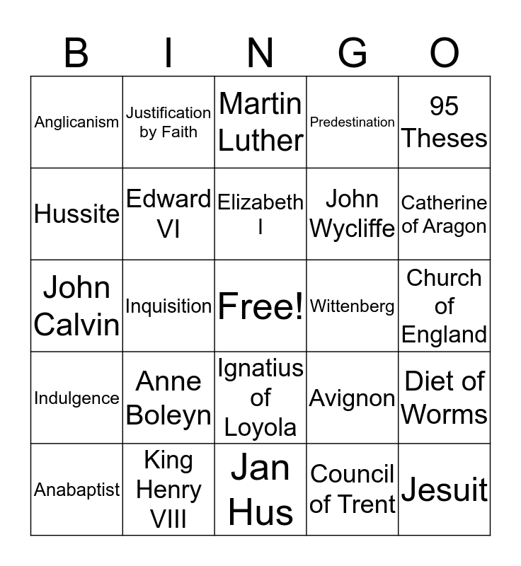 Reformation Vocab Bingo Bingo Card