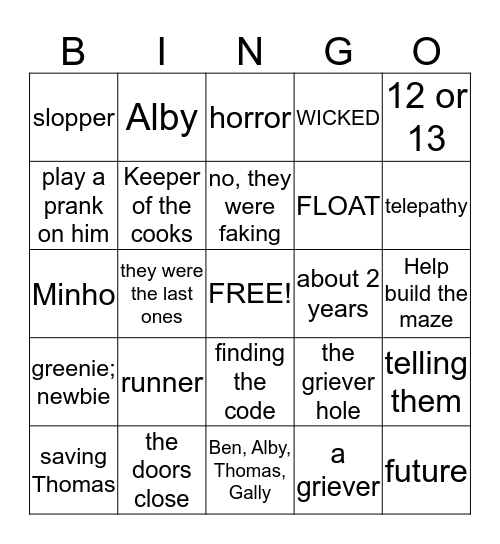 Bingo- The Maze Runner Addition Bingo Card