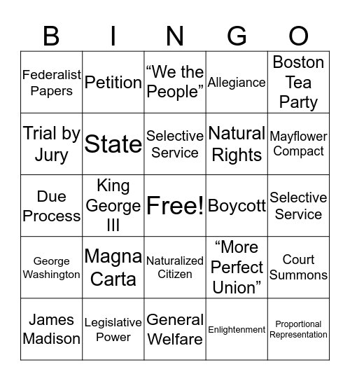 Unit #5: The Constitution Bingo Card