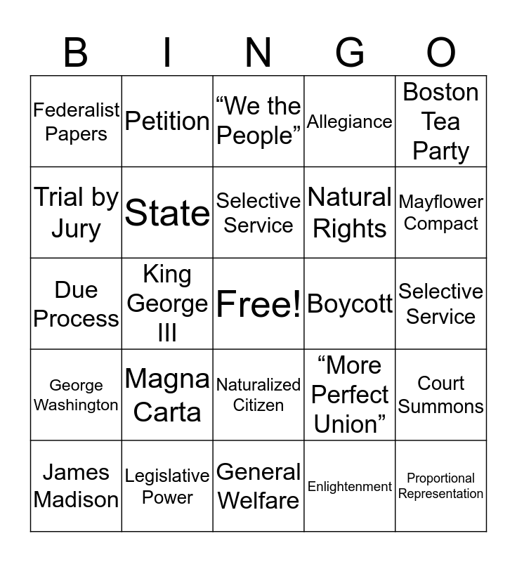 Unit #5: The Constitution Bingo Card