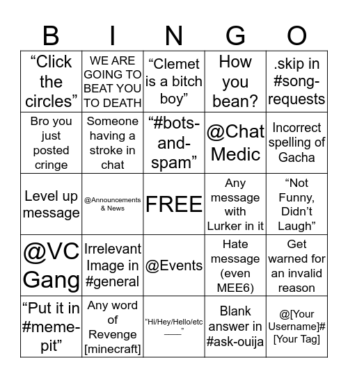 ModMurder Discord Bingo Card