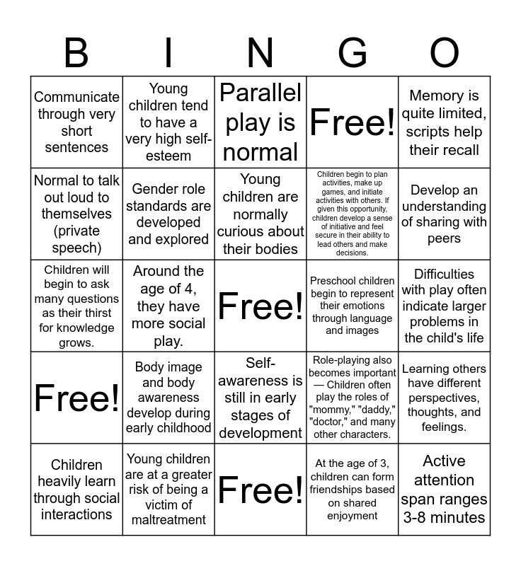 Child Development Bingo Card