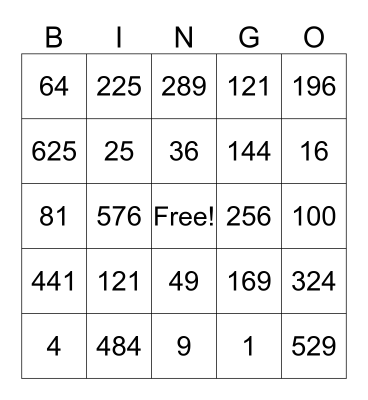 Perfect Squares BINGO Card