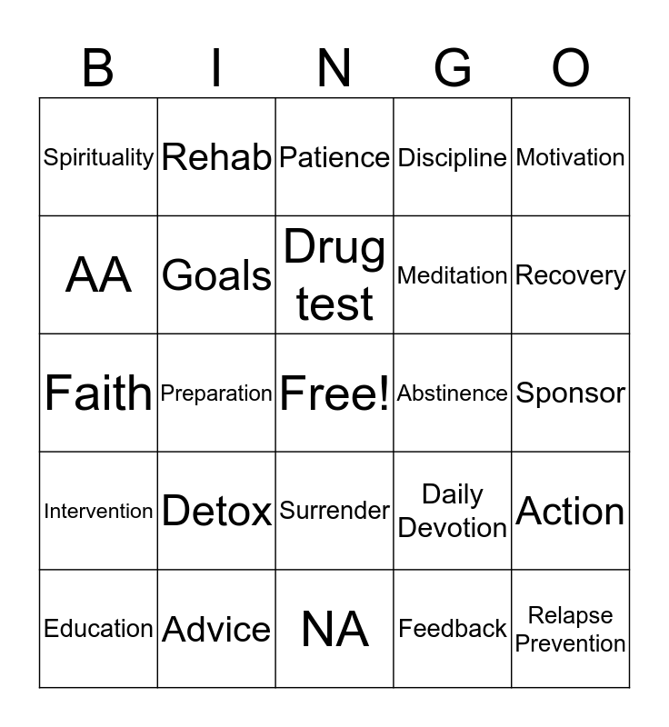 SUBSTANCE ABUSE RECOVERY BINGO Card