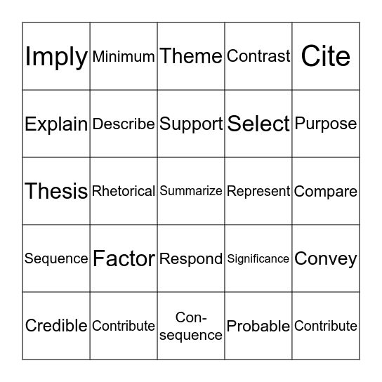 OGT Vocabulary Game Bingo Card
