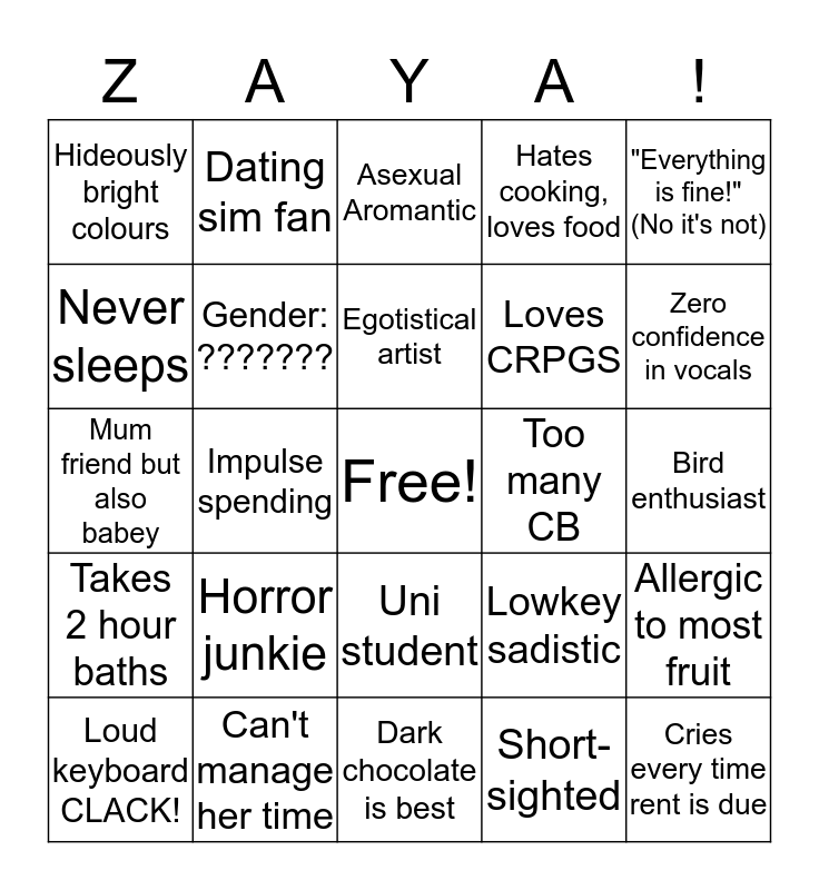 Zaya Bingo Card