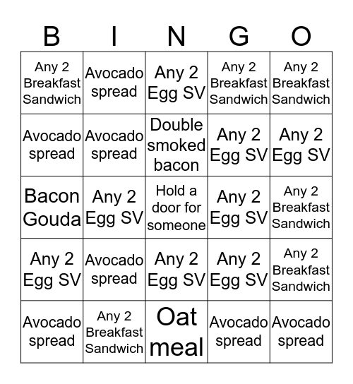 1 Line = Pastry 2 Line = Breakfast 4 Line = Lunch Bingo Card