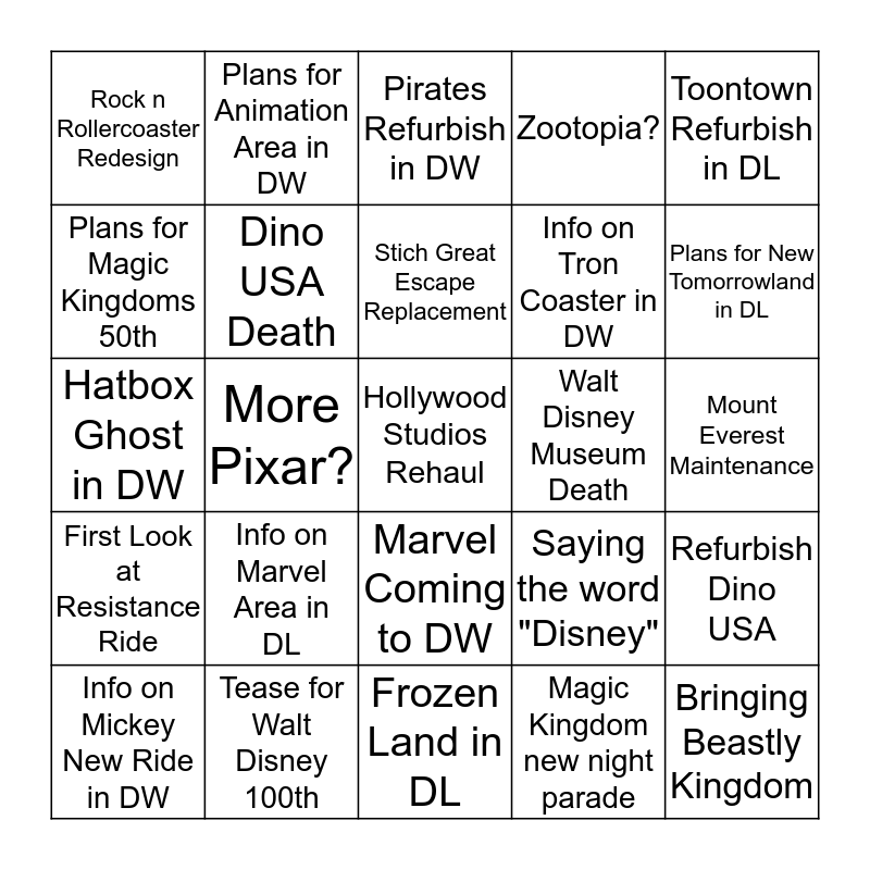 D23 2019 Expo DisneyLand/World Bingo Card