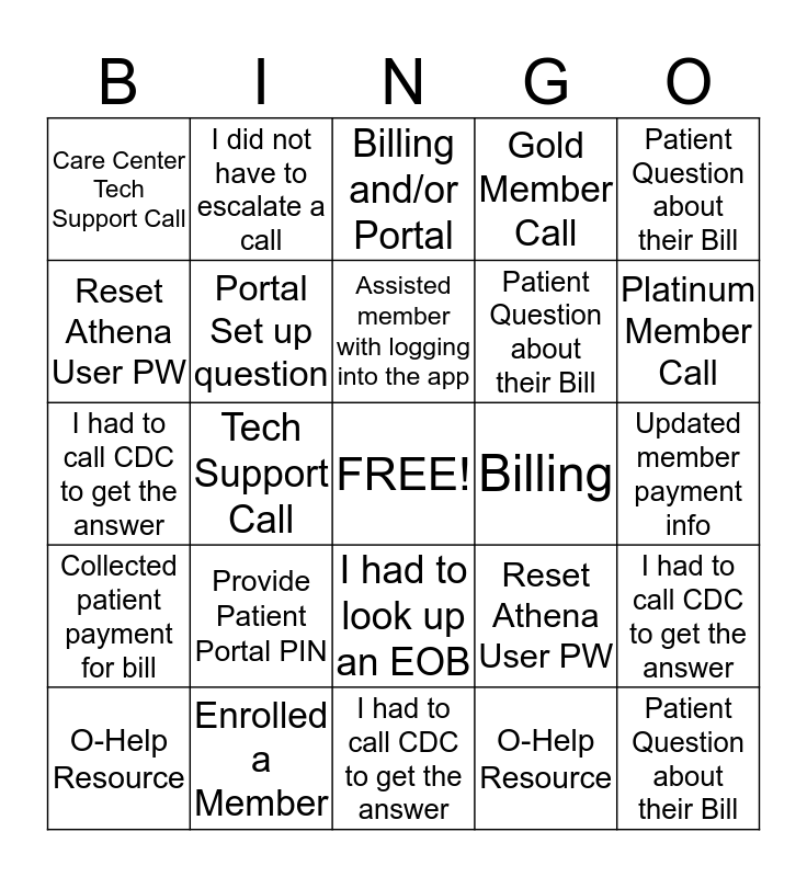 Privia Call Center BINGO Card