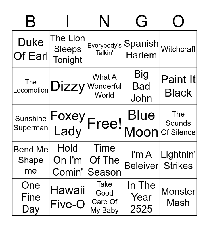 60's Hits Bingo Card