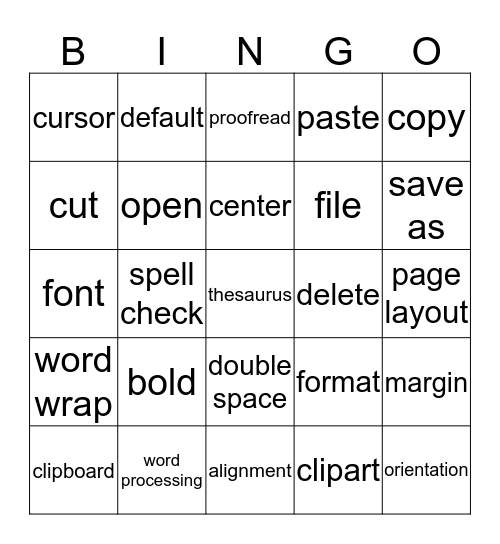 Word Processing Bingo Card