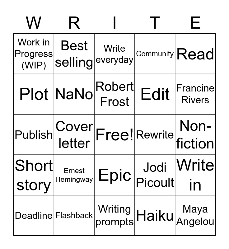 Writers Bingo Card