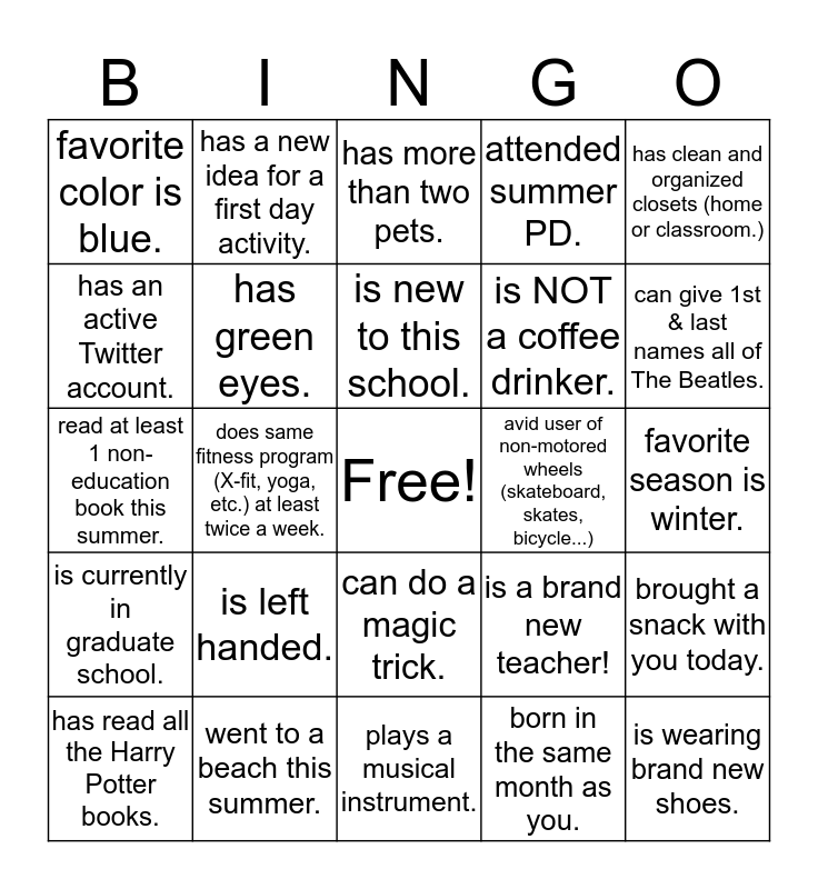 Back-to-school Teacher Bingo Card