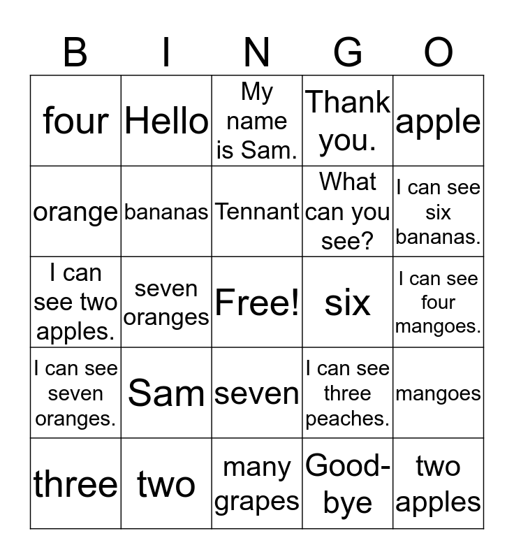 I can see two apples. Bingo Card