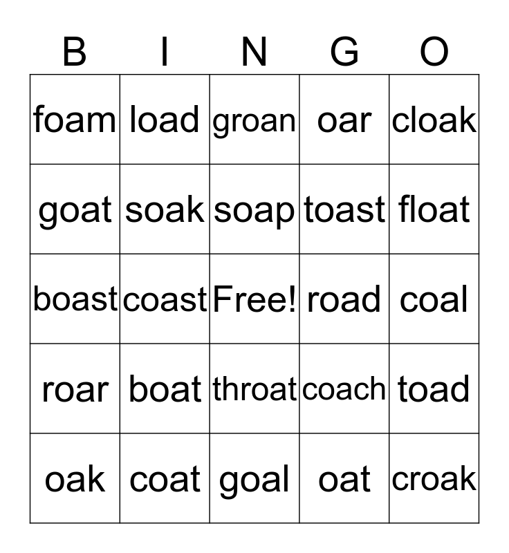 "oa" Words Bingo Card