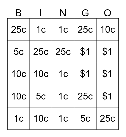 American Money Bingo Card