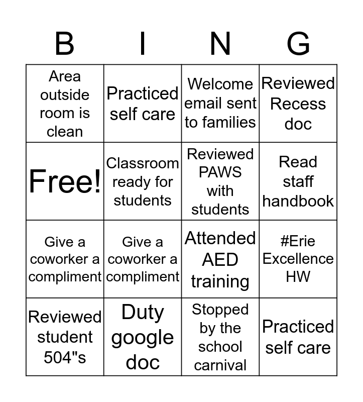 Erie Elementary Bingo Card