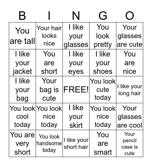 Compliment Bingo Card