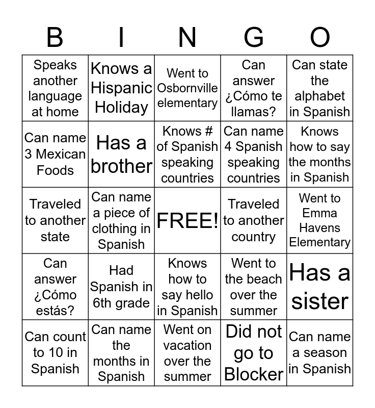 Bienvenidos a la clase de español Bingo Card