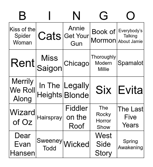 Musical Theatre Bingo Card